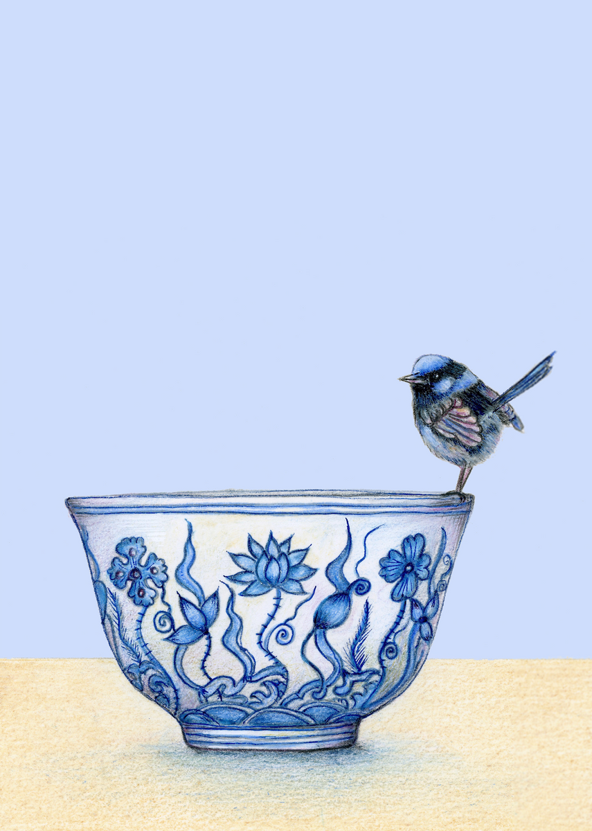 Blue Wren On A Tea Cup Tea Towel – The Berry Tea Shop